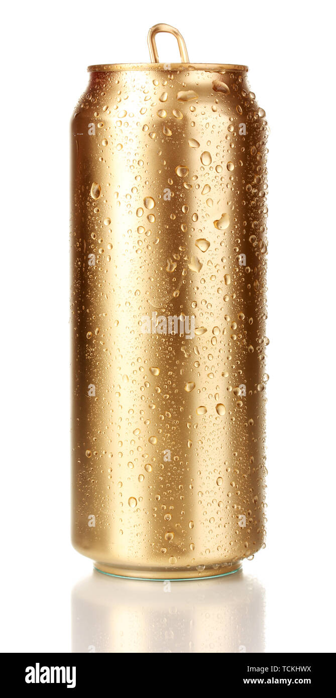 Open golden can isolated on white Stock Photo - Alamy