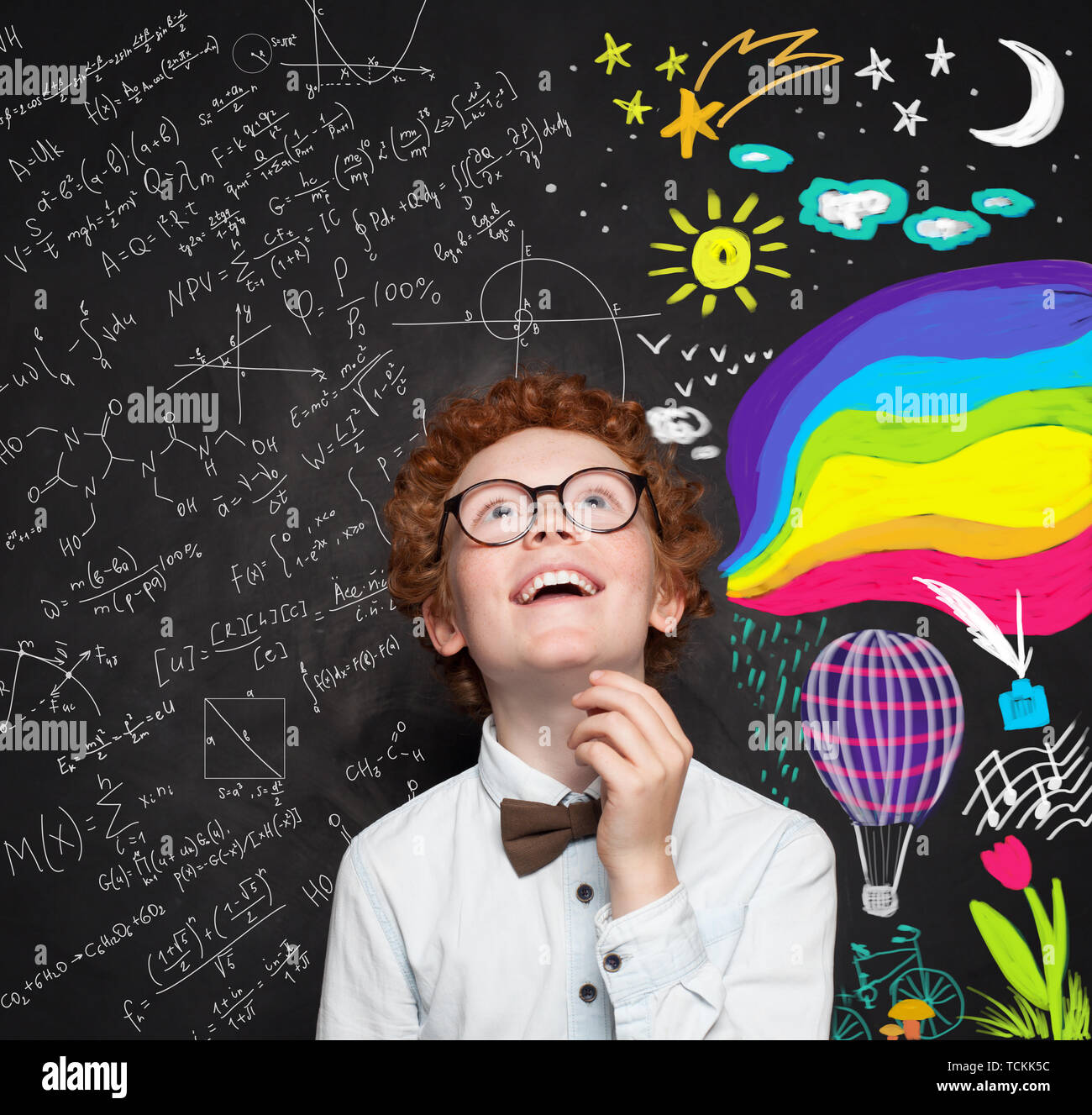 Science and arts occupations. Smiling smart boy kid on blackboard ...