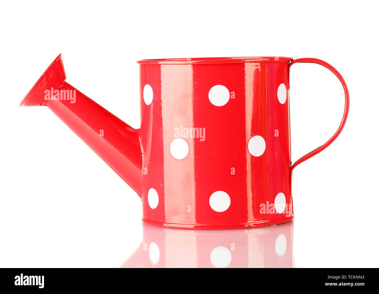 Red watering can with white polka-dot isolated on white Stock Photo - Alamy