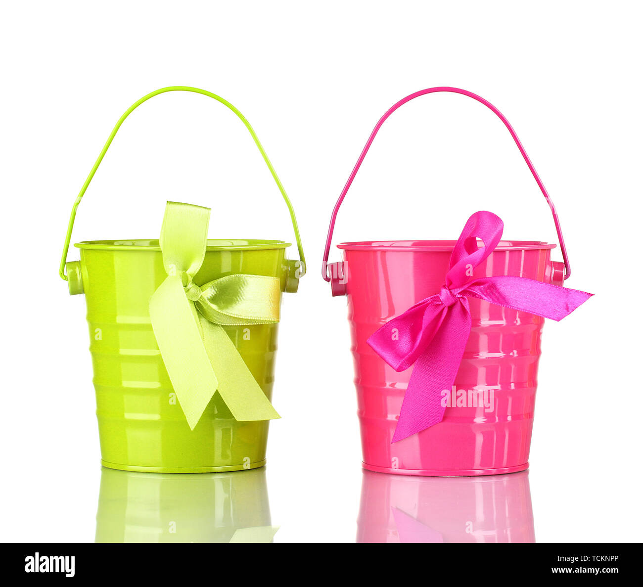 Colorful buckets isolated on white Stock Photo - Alamy