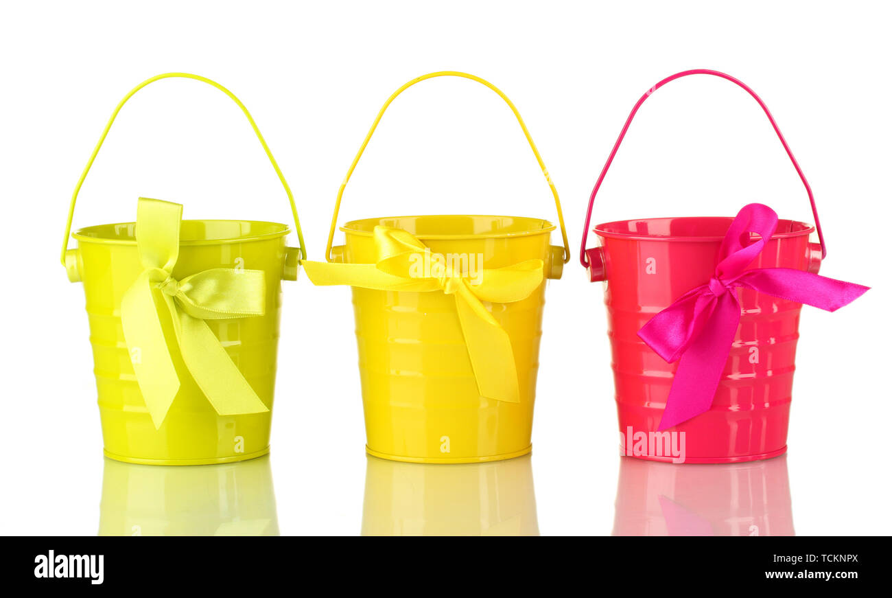 Colorful buckets isolated on white Stock Photo - Alamy