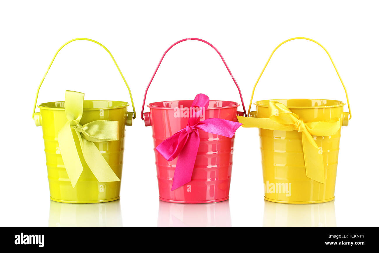 Colorful buckets isolated on white Stock Photo - Alamy