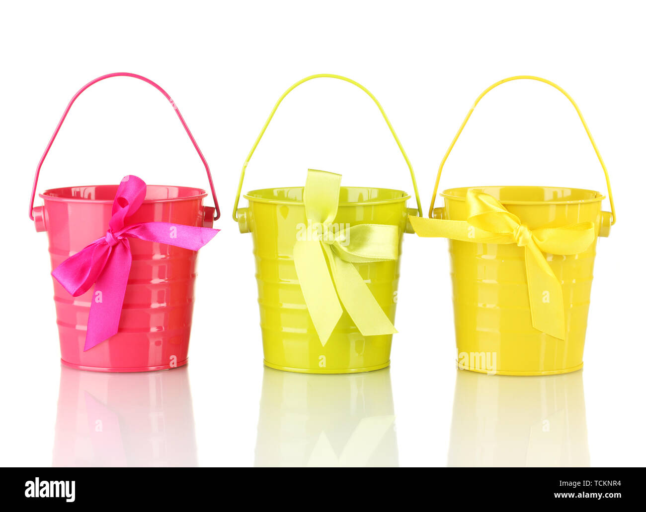 Colorful buckets isolated on white Stock Photo - Alamy