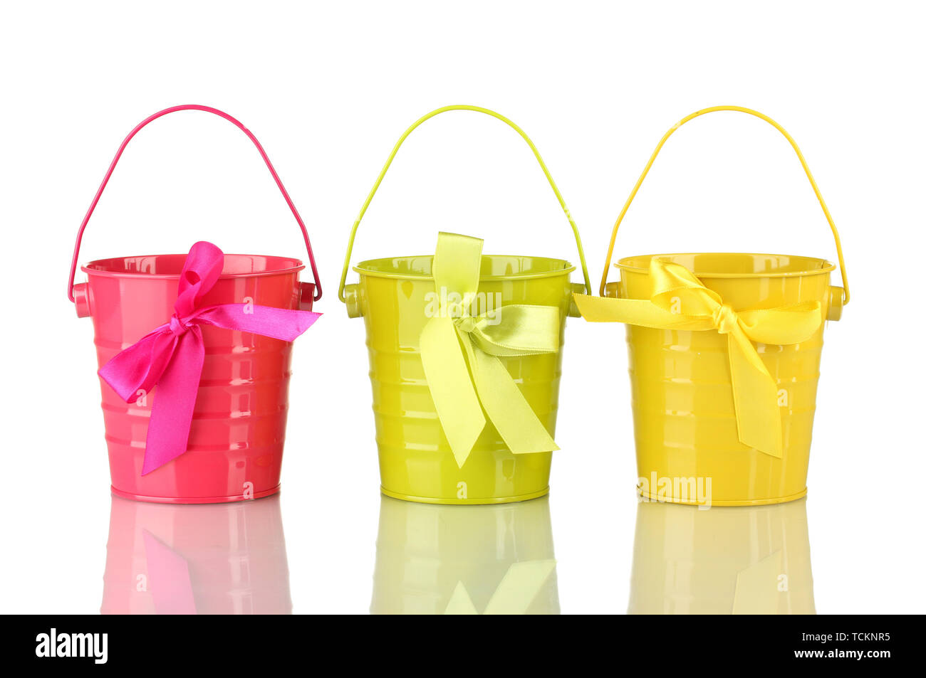 Colorful buckets isolated on white Stock Photo - Alamy