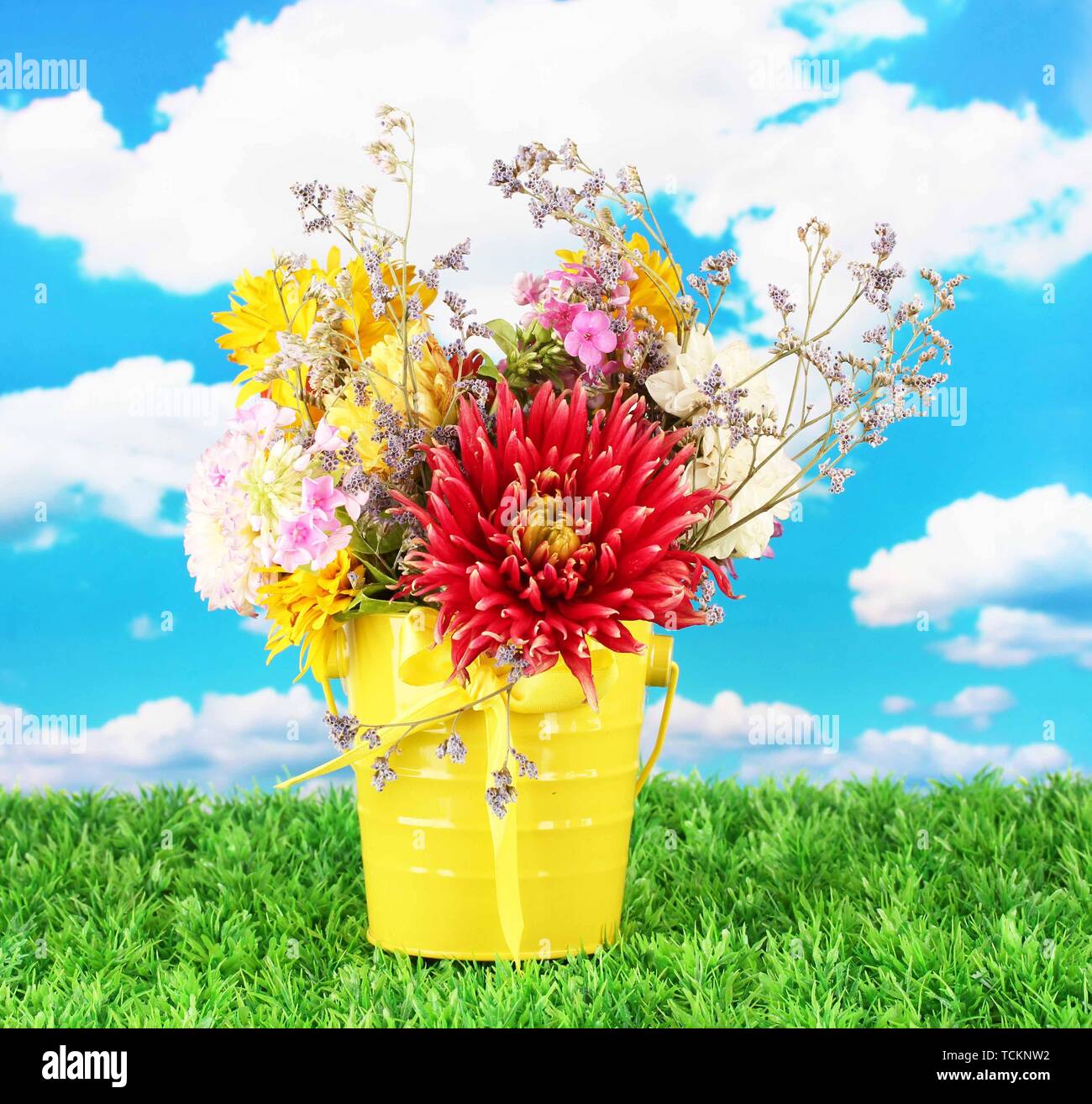 Bright yellow bucket with flowers on sky background Stock Photo - Alamy