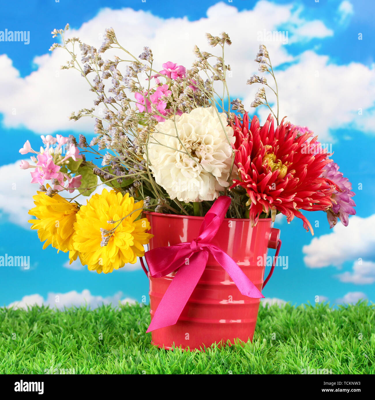 Bright pink bucket with flowers on sky background Stock Photo - Alamy