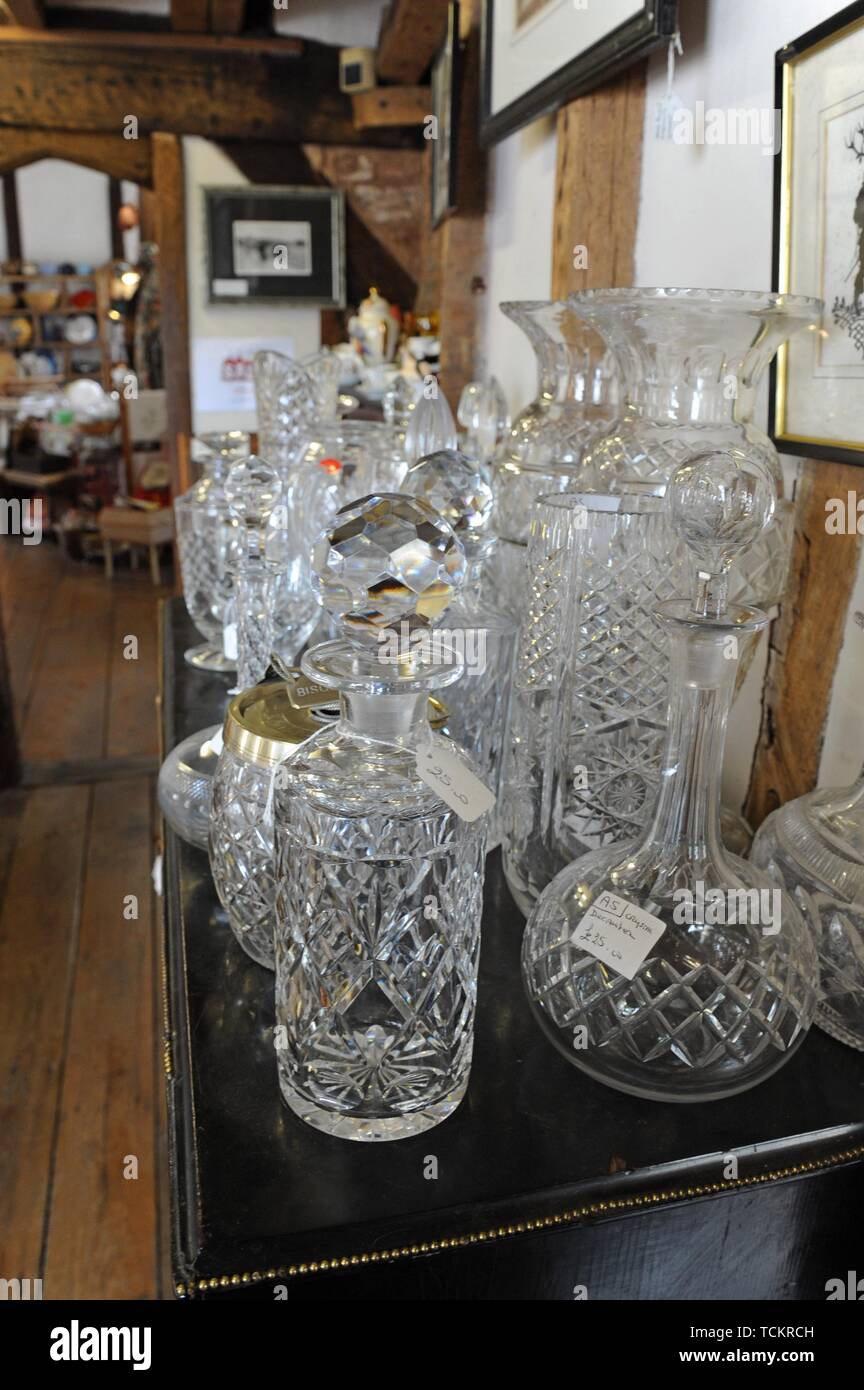Antique china and glass on display in an antiques centre in Leominster ...
