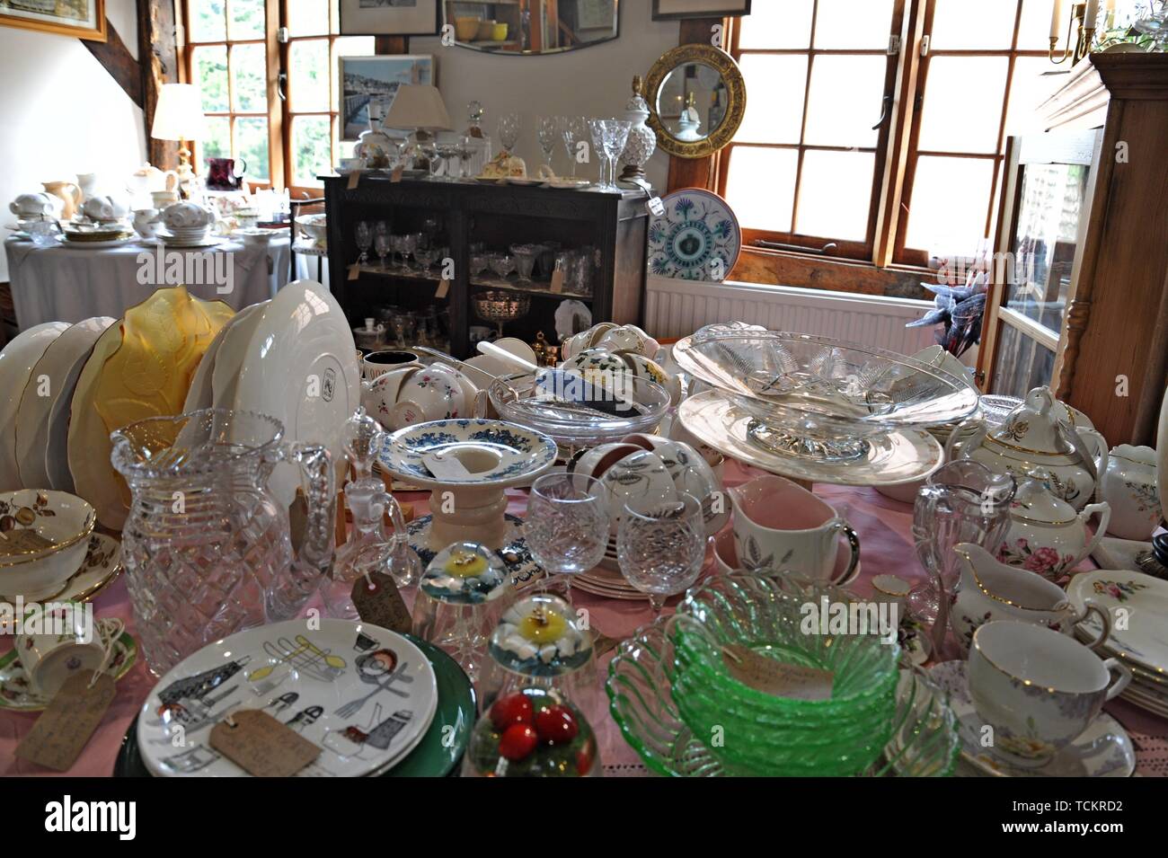 Antique china and glass on display in an antiques centre in Leominster ...