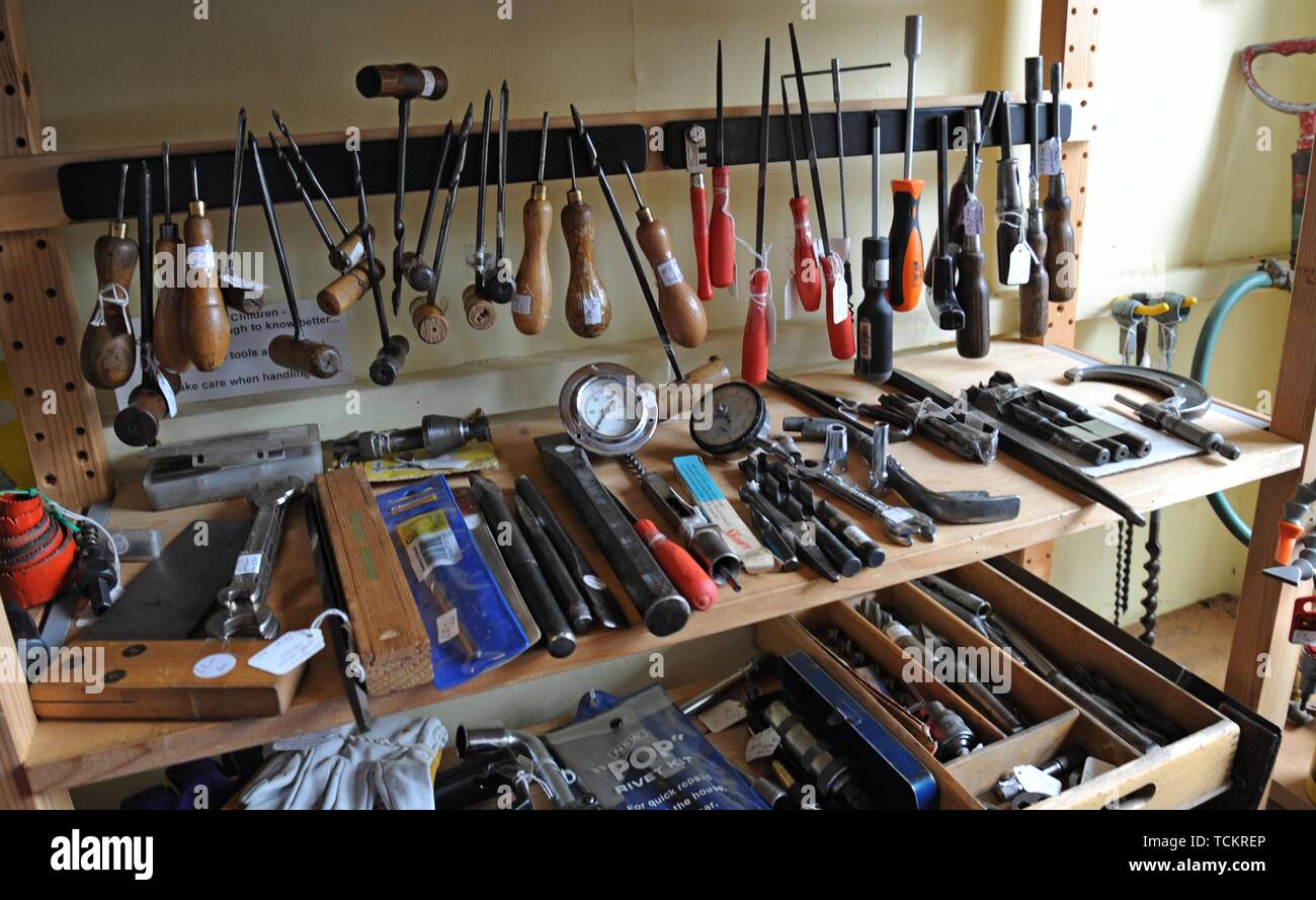 Vintage tools on display in an vintage tool and antiques centre in ...