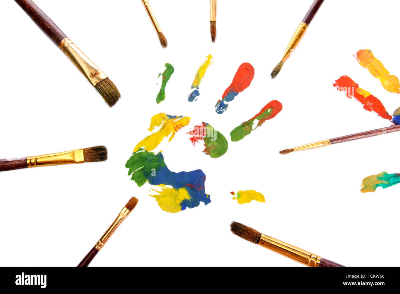 Color hand print with brushes, isolated on white Stock Photo - Alamy