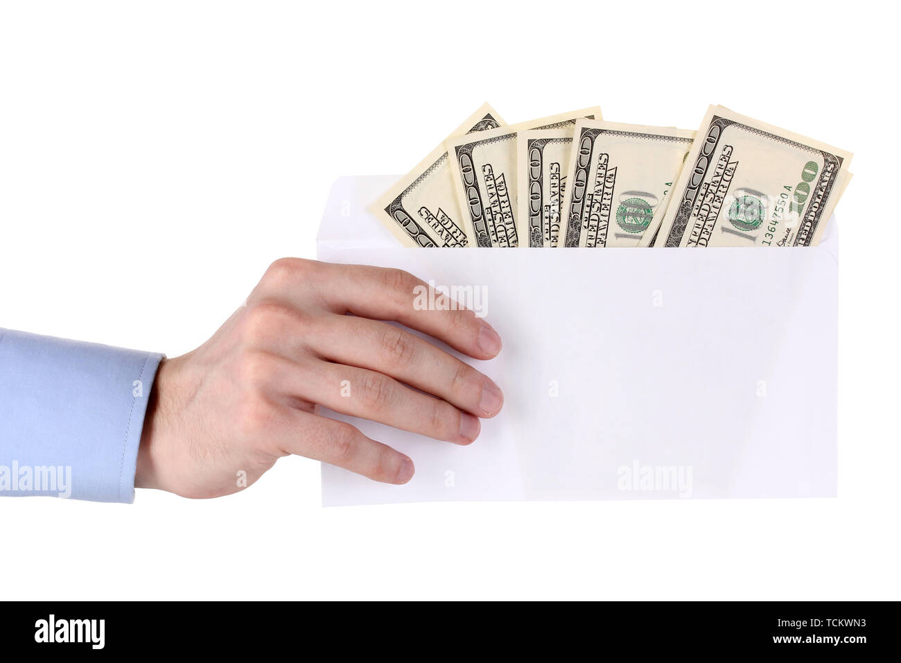 man's hand holding an envelope with dollars on white background Stock ...