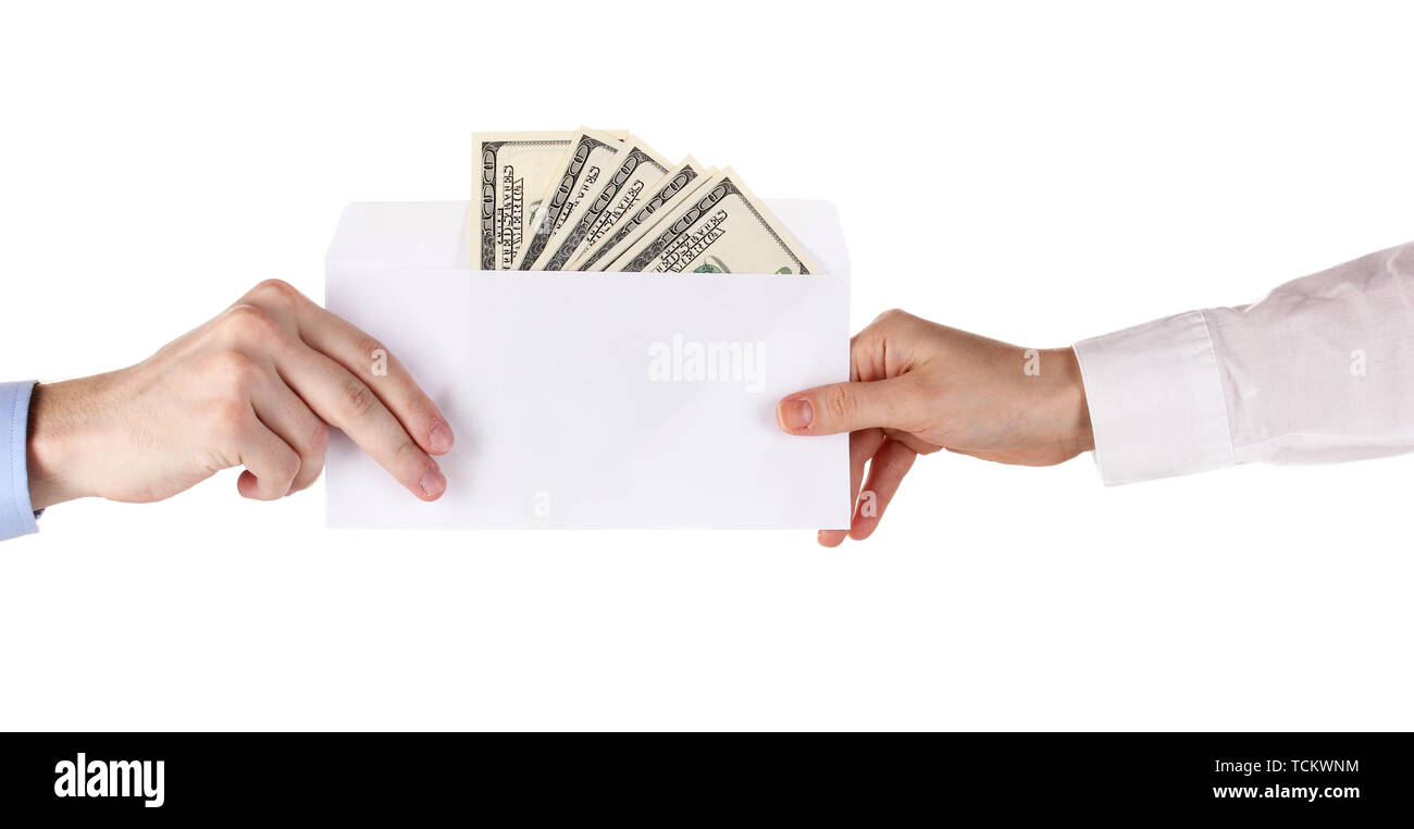 woman's hand passes the envelope with dollars on white background Stock ...