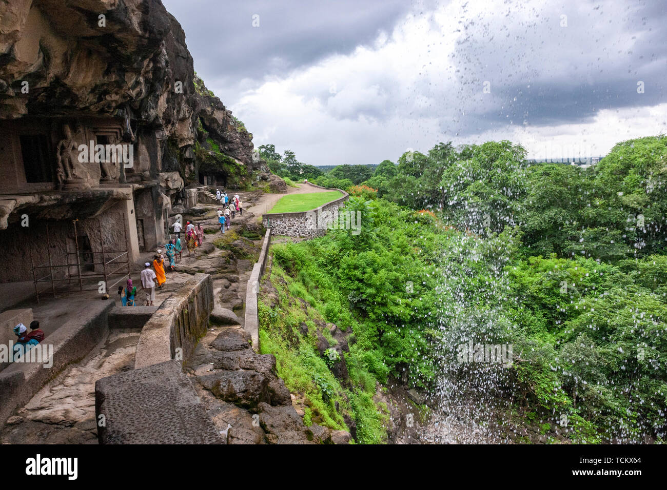 Waterfall from the monsoon in Ellora Caves, rock-cut monastery-temple ...