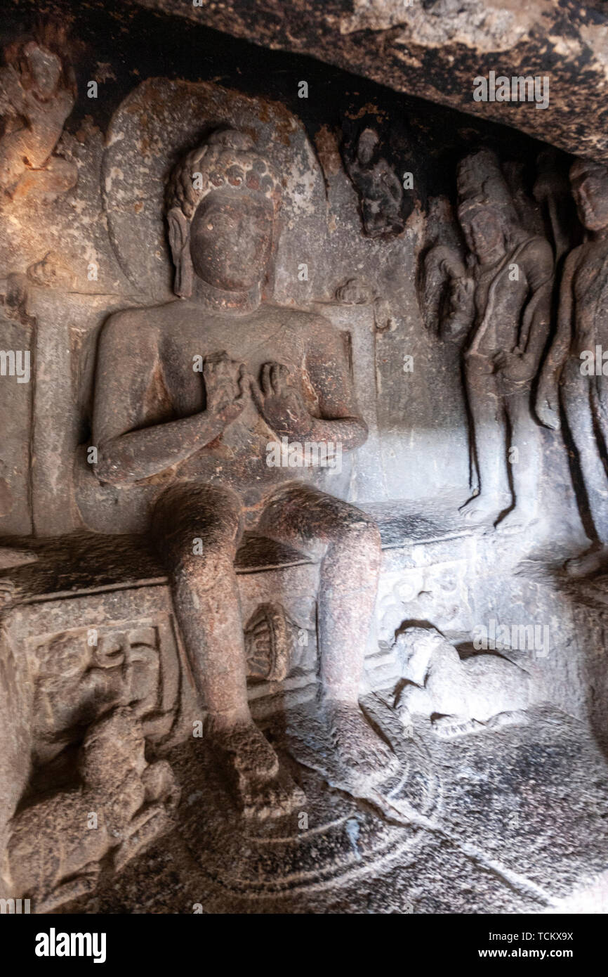 Cave 12, three-storied Mahayana monastery caves with idols, Ellora ...