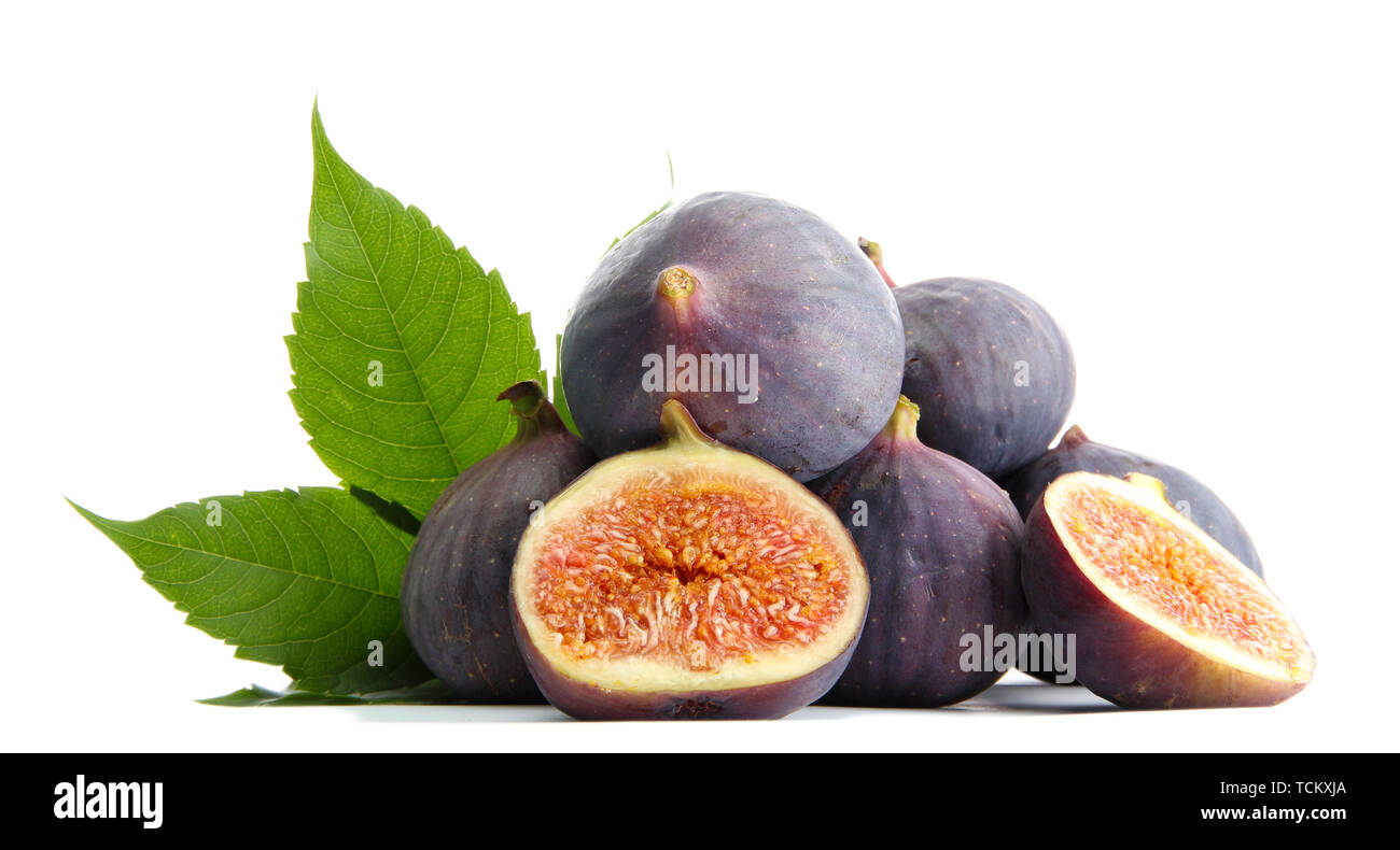 Ripe sweet figs with leaves isolated on white Stock Photo - Alamy