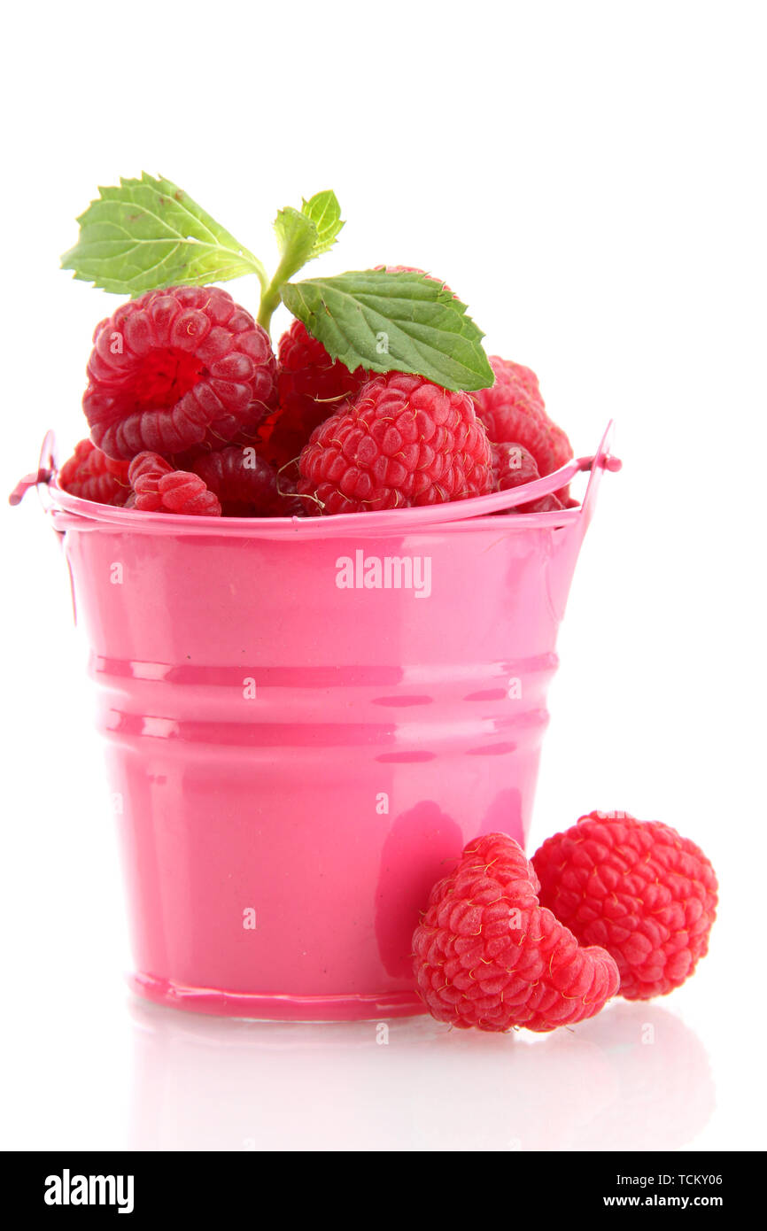 beautiful raspberries in bucket isolated on white Stock Photo - Alamy