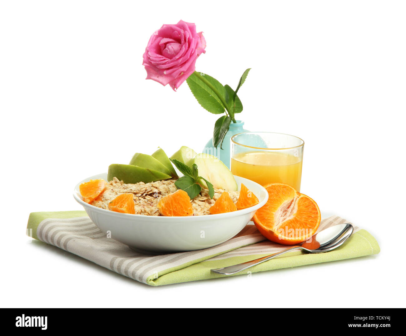 tasty oatmeal with fruits and glass of juice, isolated on white Stock ...