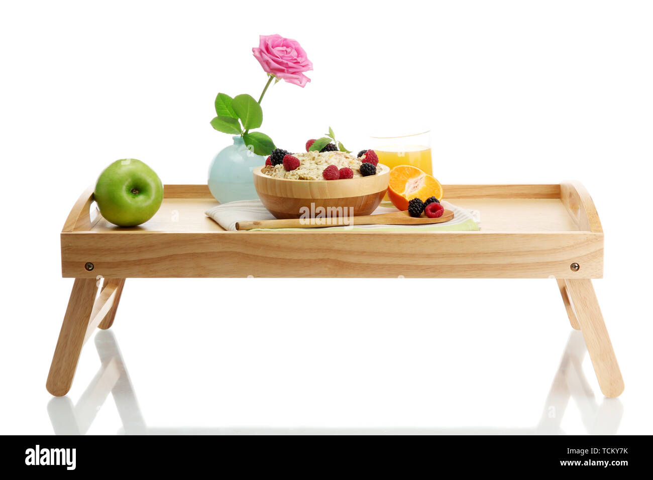 light breakfast on wooden tray isolated on white Stock Photo - Alamy