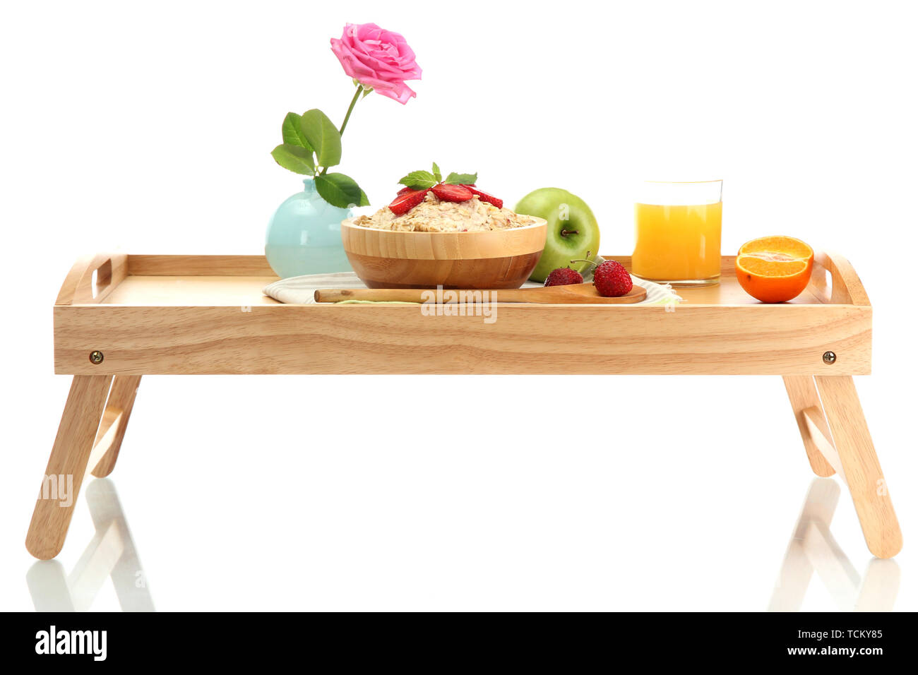 light breakfast on wooden tray isolated on white Stock Photo - Alamy