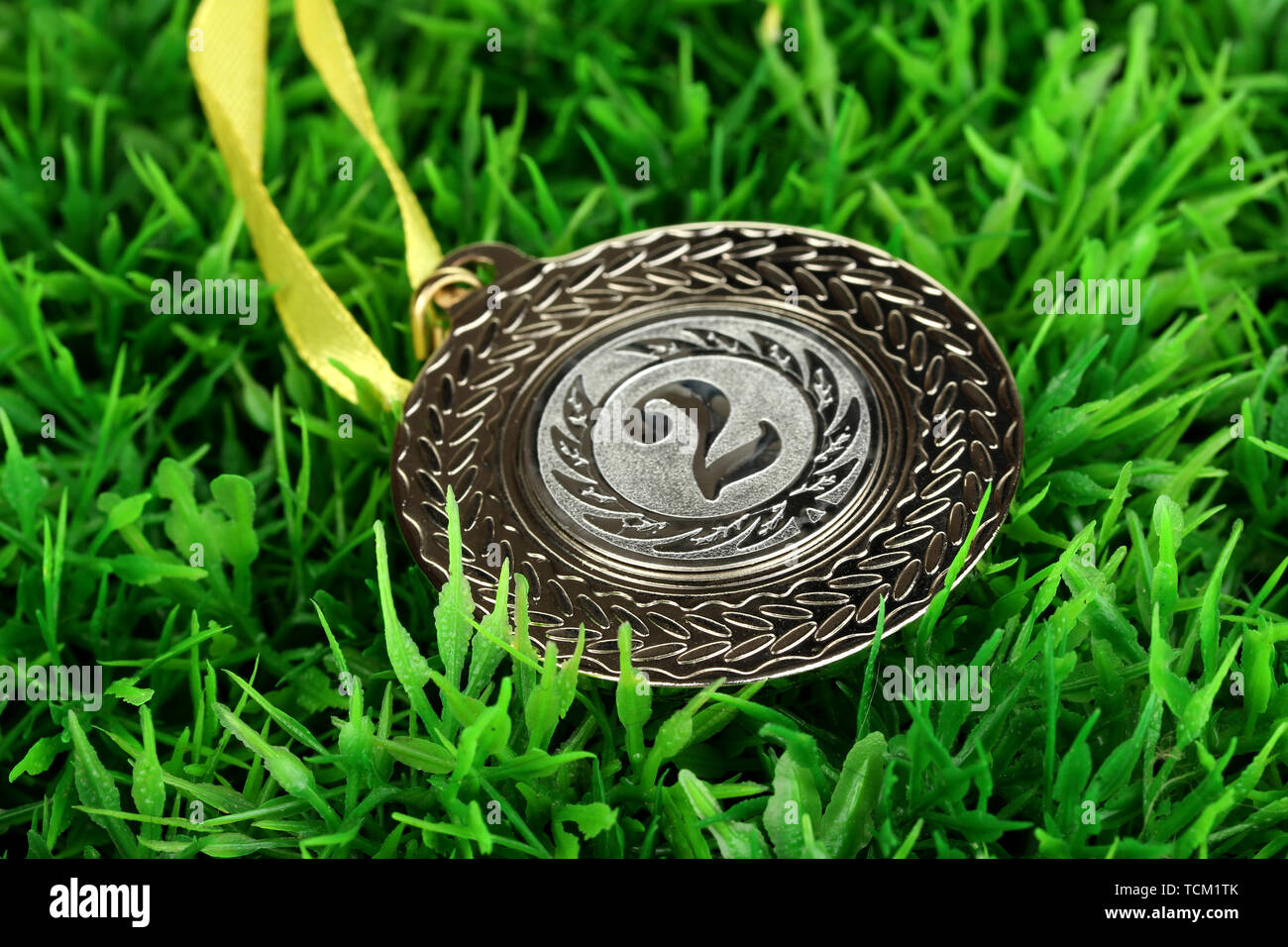 Silver medal on grass background Stock Photo - Alamy