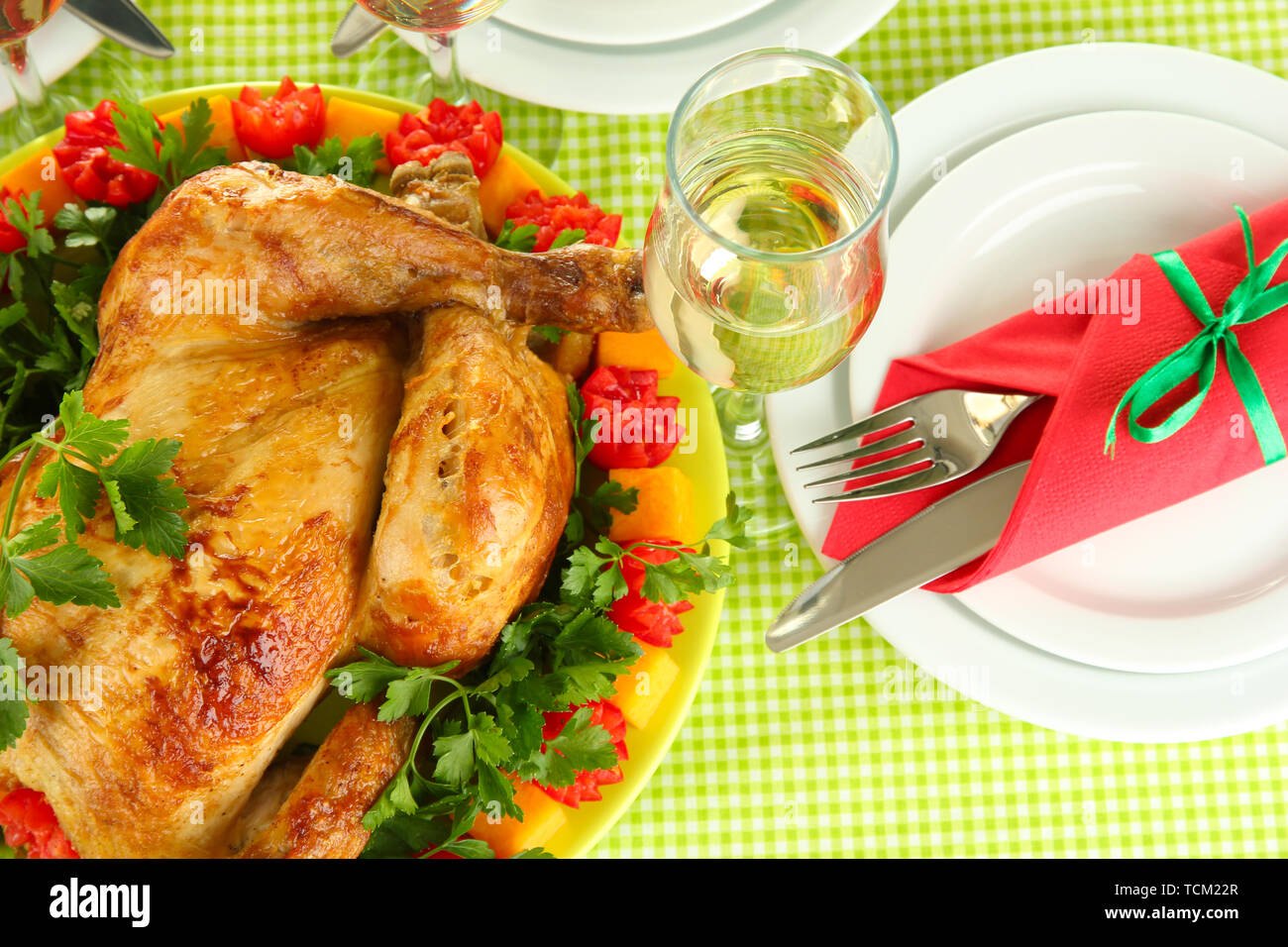 banquet table with roast chicken close-up. Thanksgiving Day Stock Photo ...