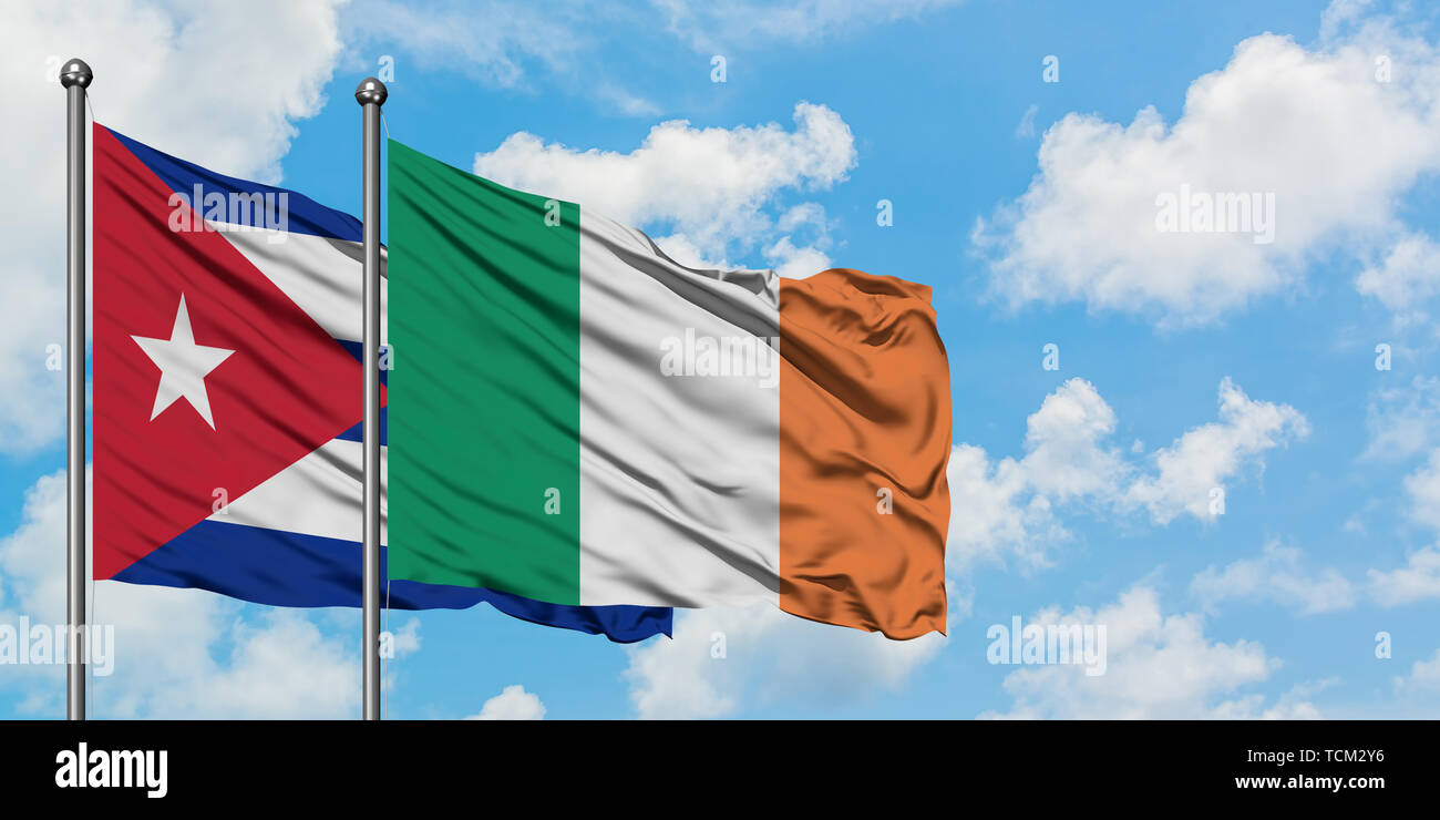 Cuba and Ireland flag waving in the wind against white cloudy blue sky ...