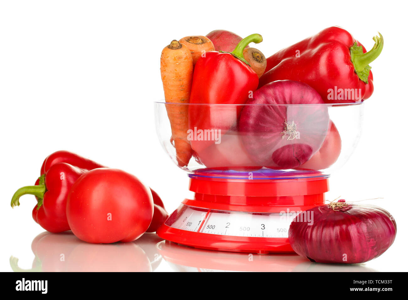 fresh red vegetables in scales isolated on white Stock Photo - Alamy