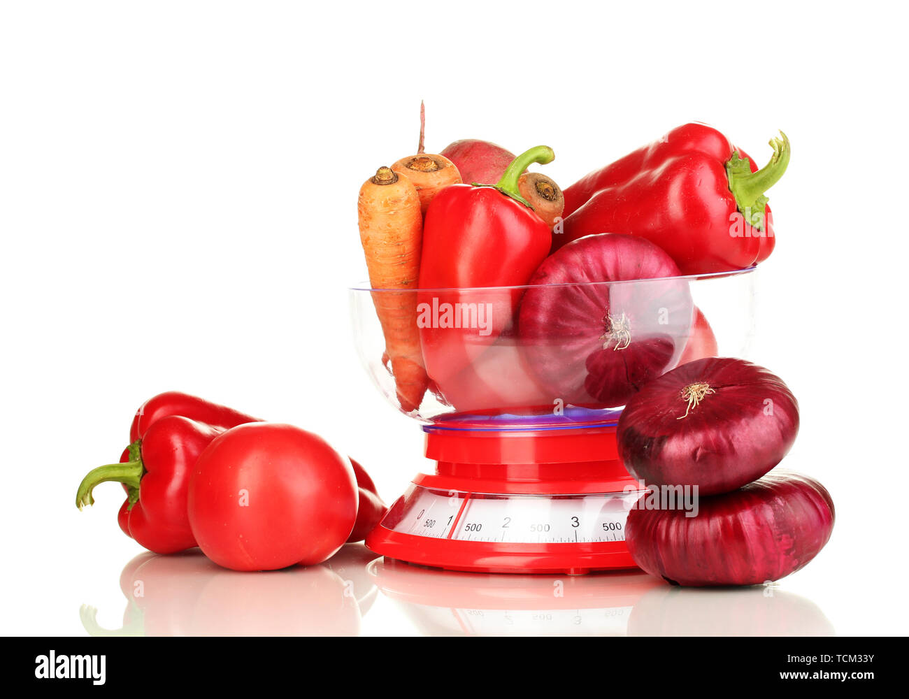 fresh red vegetables in scales isolated on white Stock Photo - Alamy