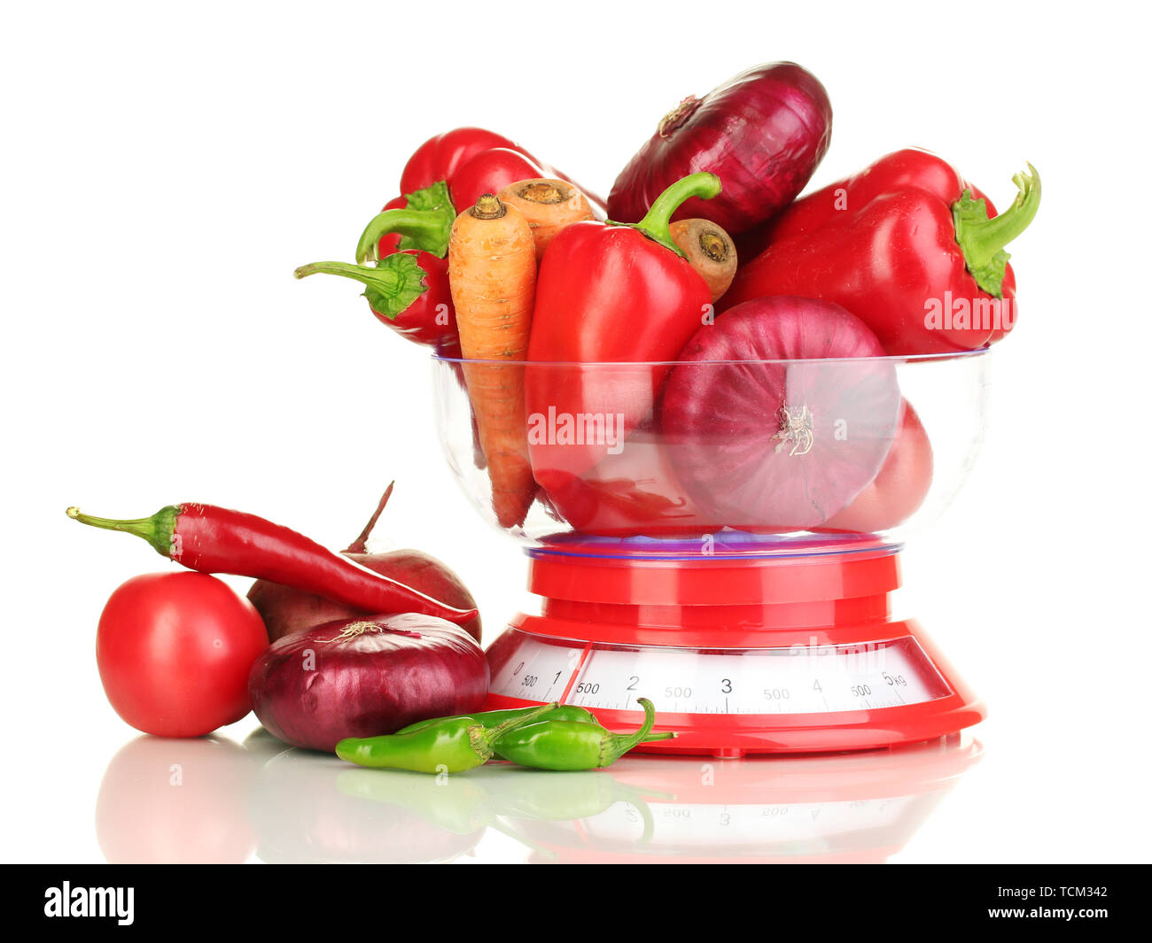 fresh red vegetables in scales isolated on white Stock Photo - Alamy