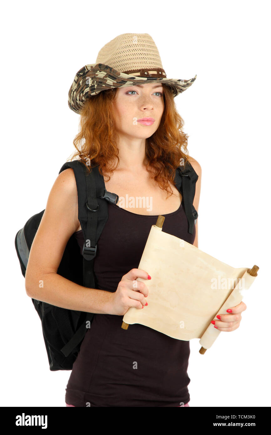 Beautiful girl traveling and looking for a way isolated on white Stock ...