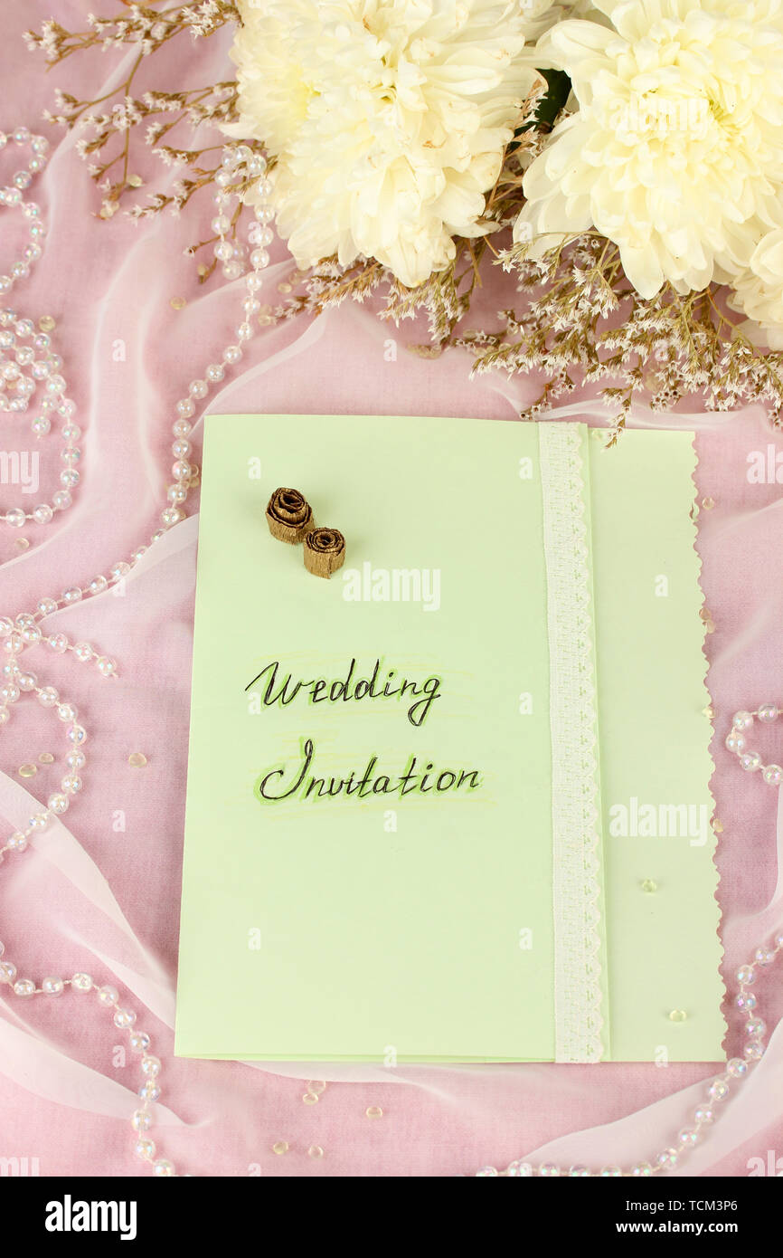 wedding invitations on decorated table close-up Stock Photo - Alamy