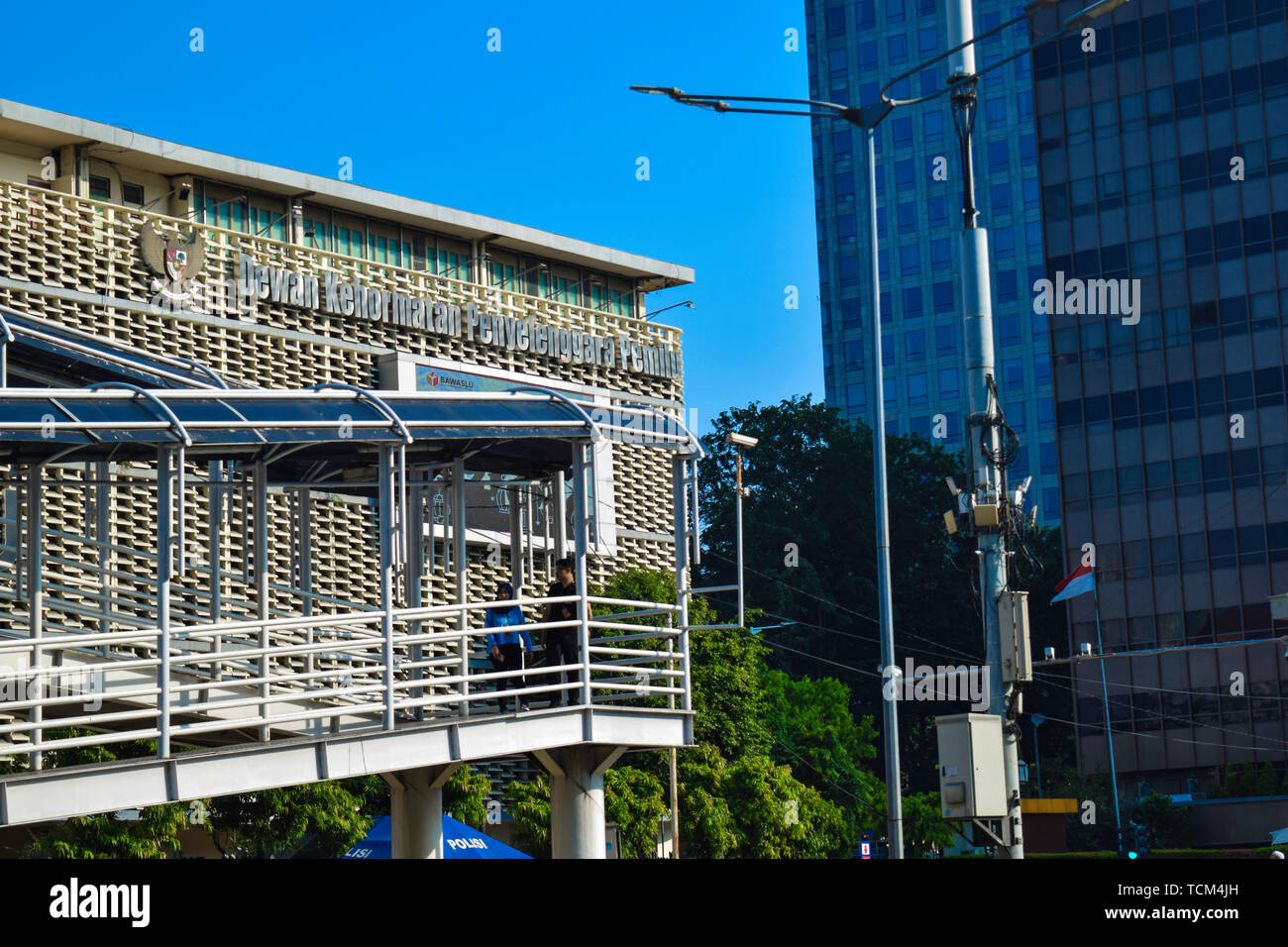 JAKARTA, INDONESIA, JUNE 9 2019 : Modern pedestrian bridge across the ...