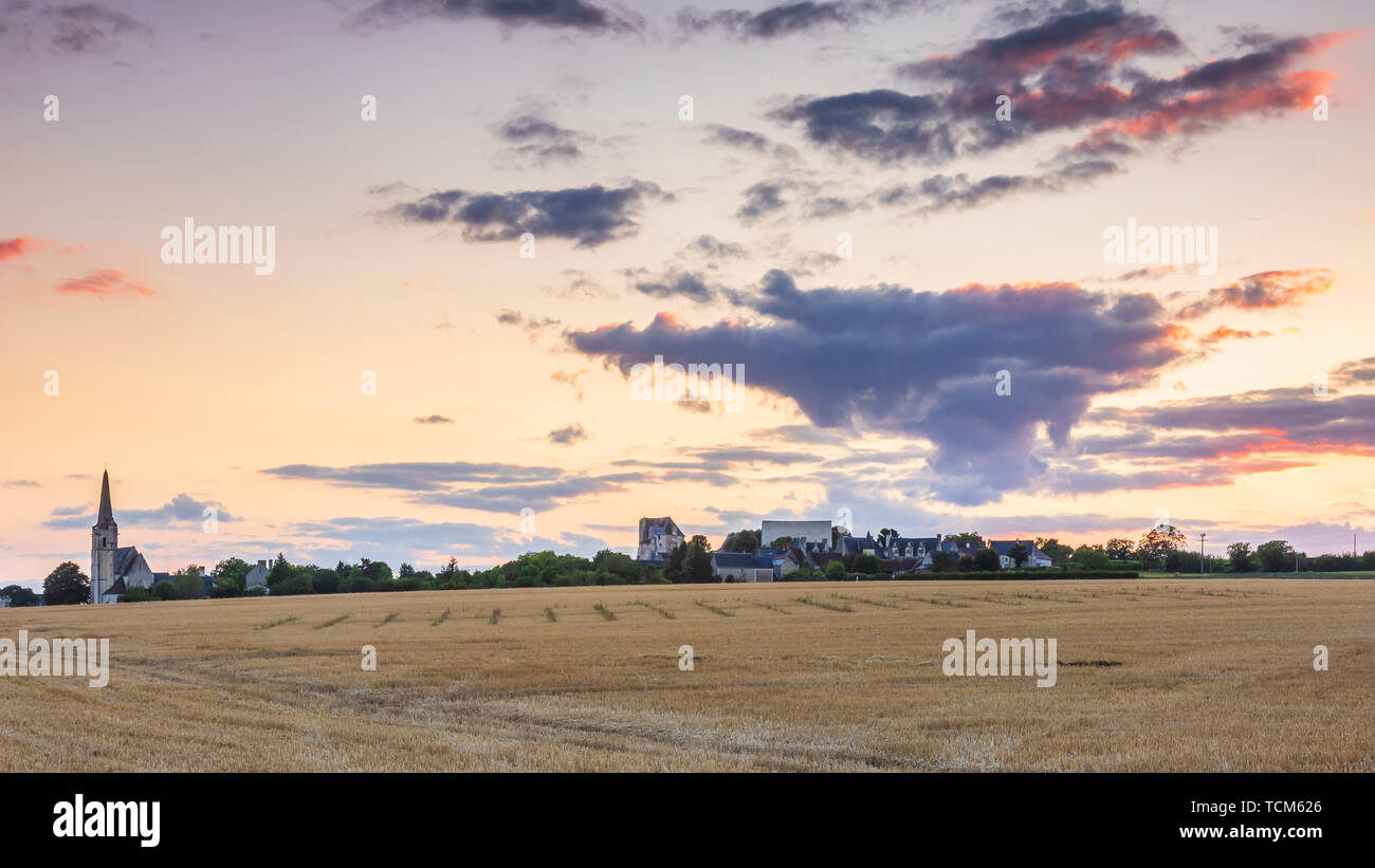 Typically french picturesque landscape with farmland and a small ...