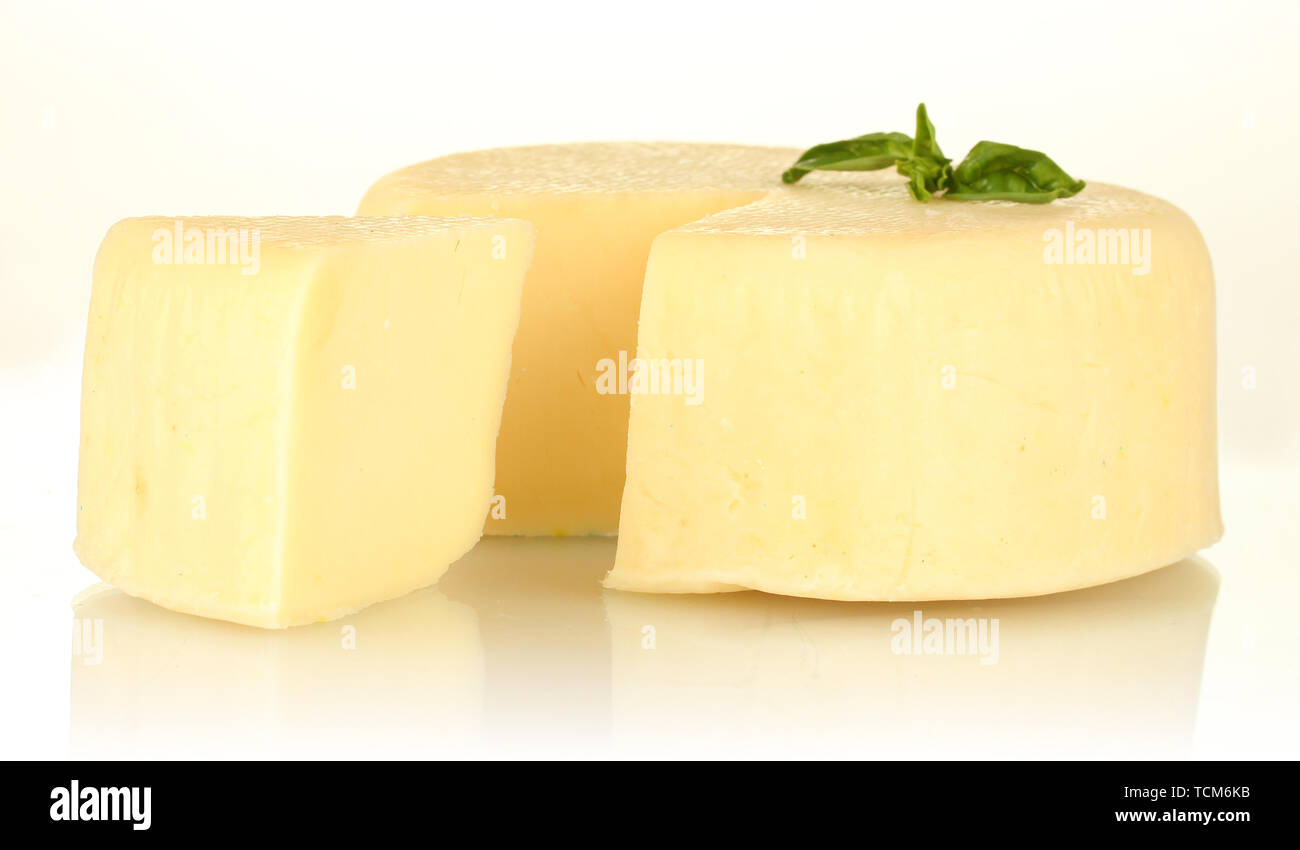 sliced mozzarella cheese with green basil isolated on white Stock Photo ...