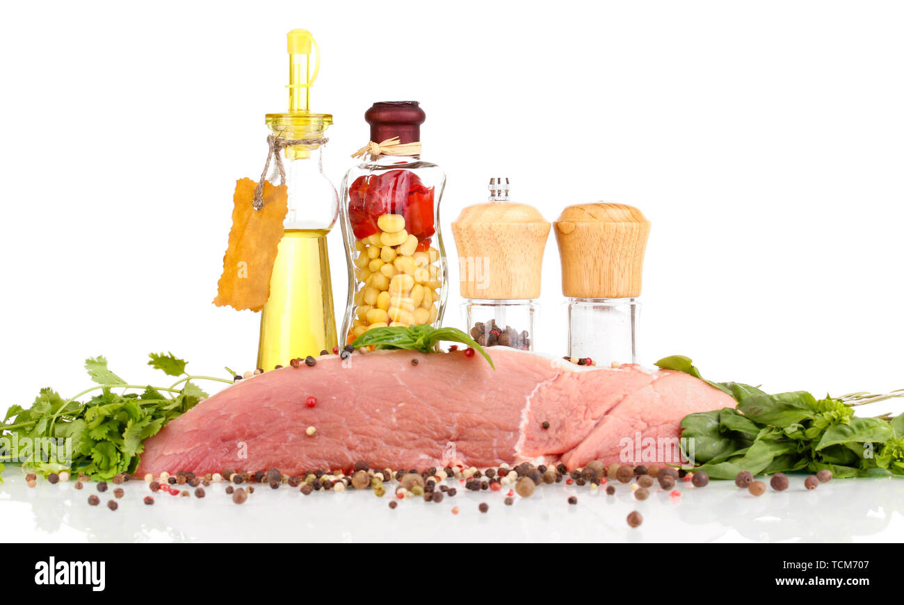 A large piece of pork marinated with herbs, spices and cooking oil isolated on white Stock Photo ...