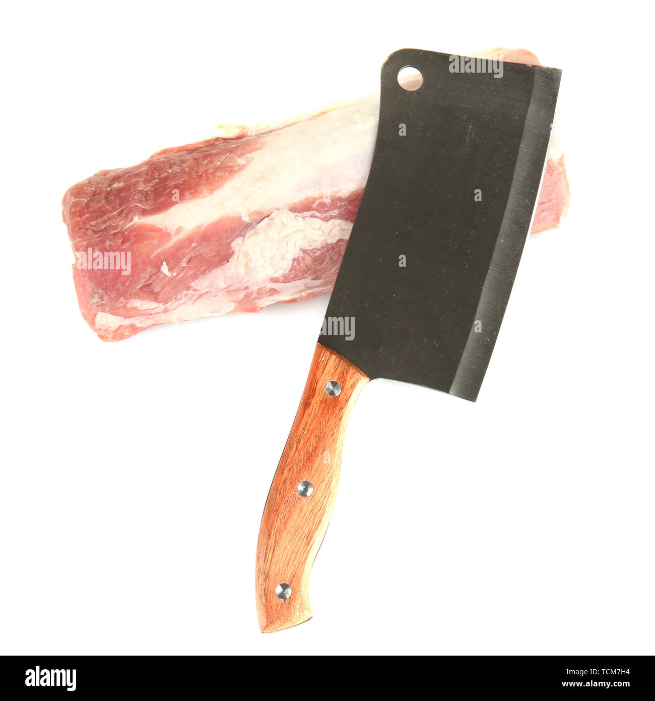 raw pork with a meat hatchet isolated on white Stock Photo - Alamy