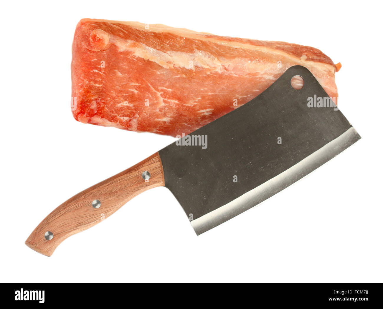 raw pork with a meat hatchet isolated on white Stock Photo - Alamy