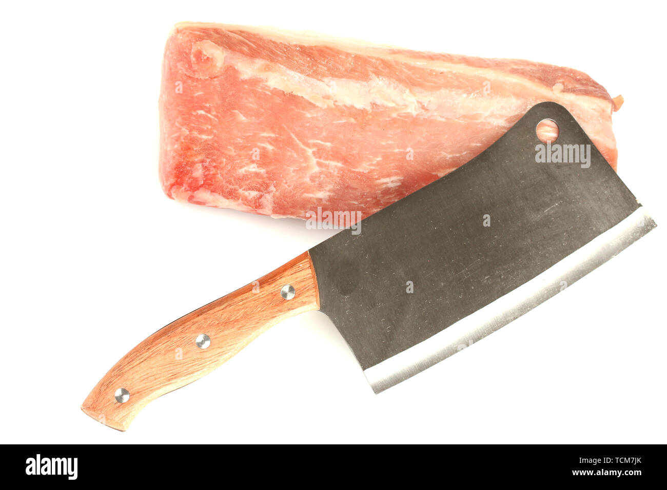 raw pork with a meat hatchet isolated on white Stock Photo - Alamy