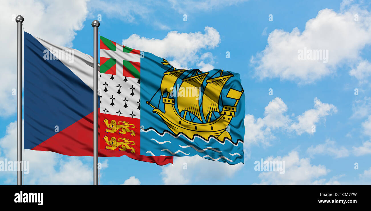 Czech Republic and Saint Pierre And Miquelon flag waving in the wind ...