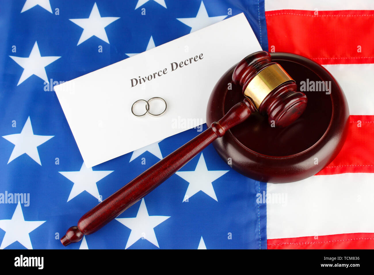 Divorce decree and wooden gavel on american flag background Stock Photo ...