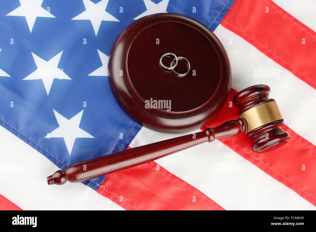 Divorce decree and wooden gavel on american flag background Stock Photo ...