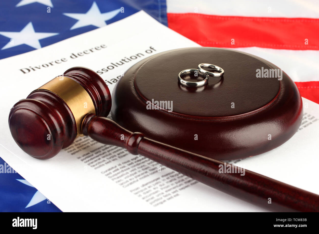 Divorce decree and wooden gavel on american flag background Stock Photo ...