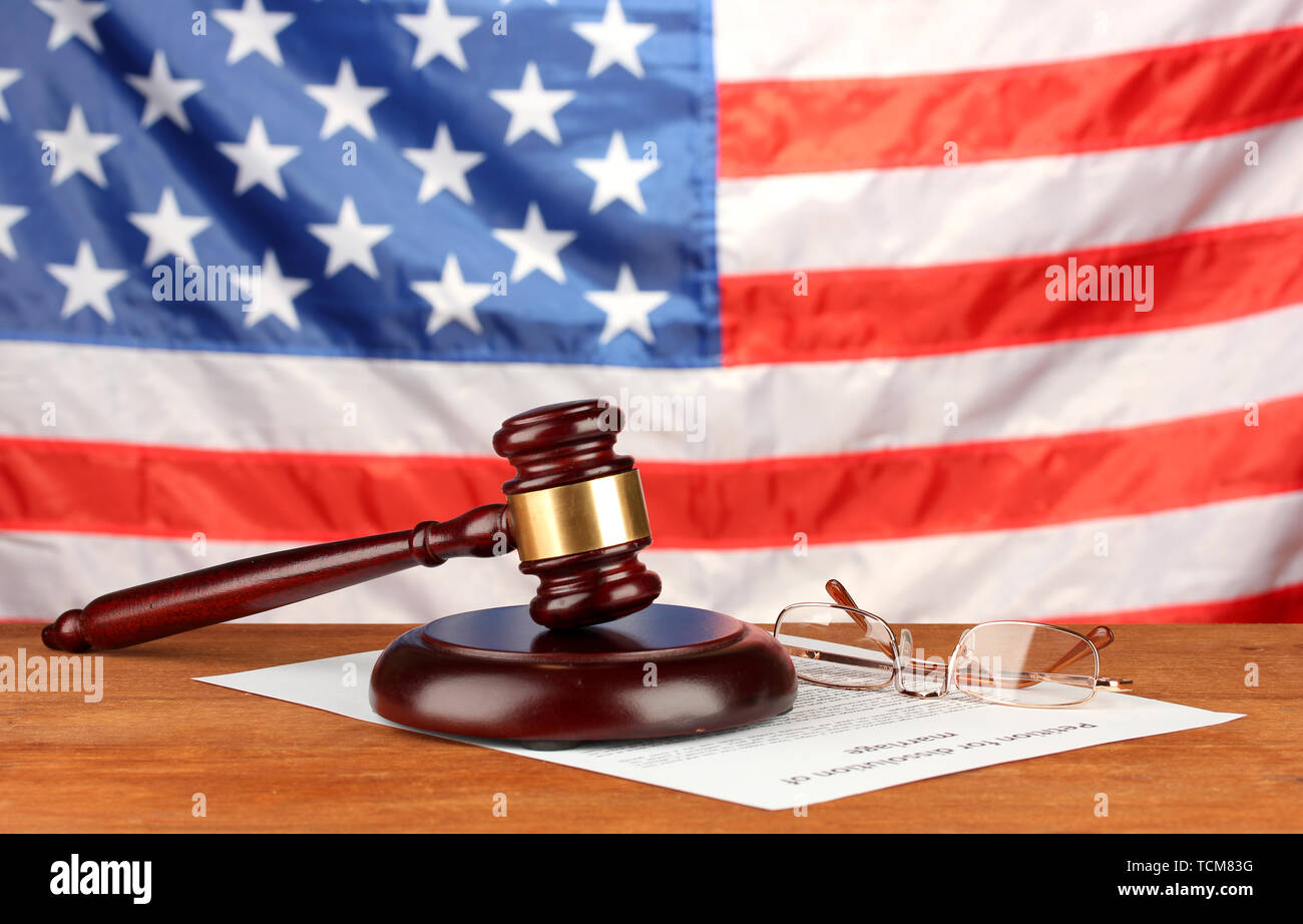 Divorce decree and wooden gavel on american flag background Stock Photo ...