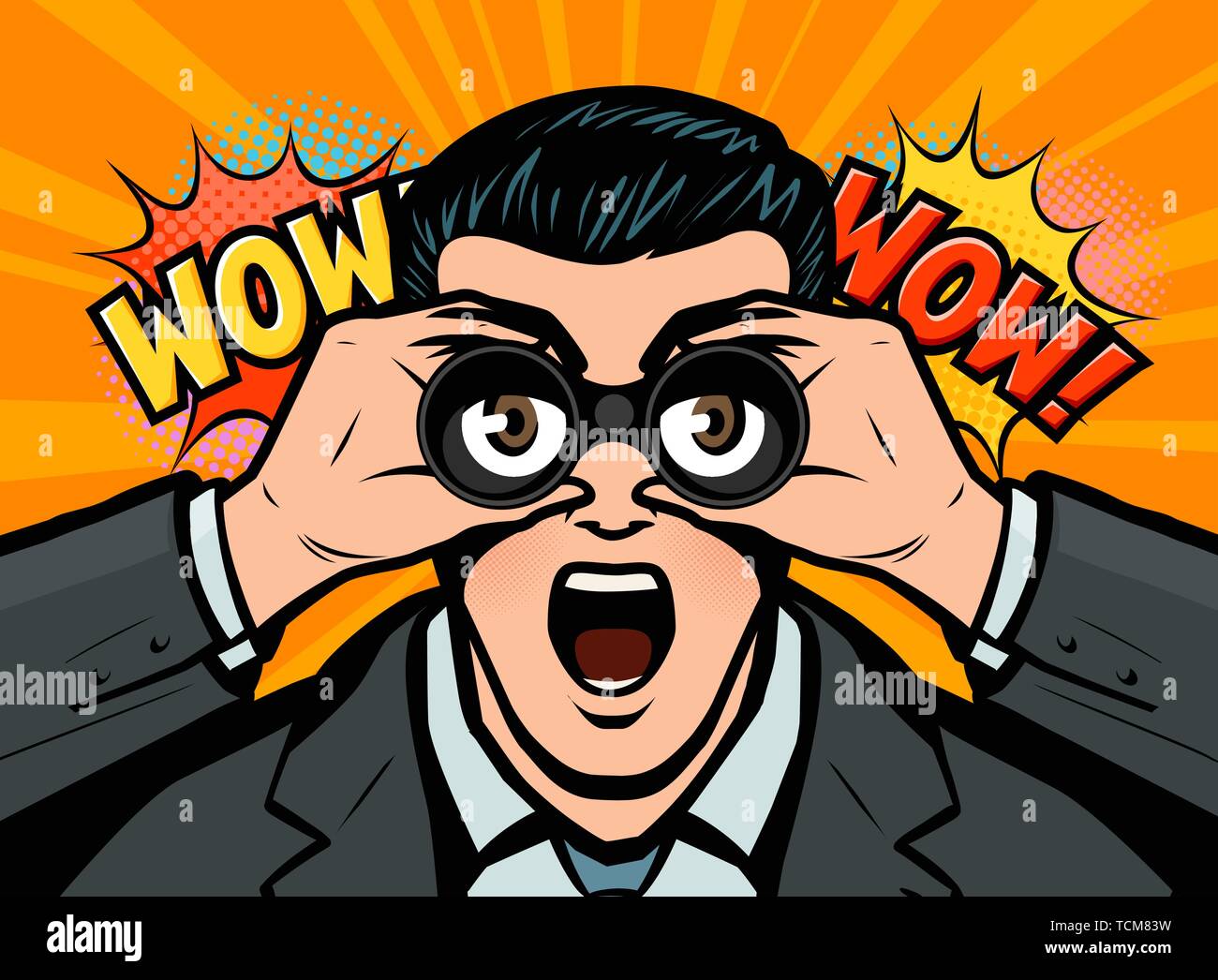 Surprised businessman looks through binoculars. Vector illustration in ...