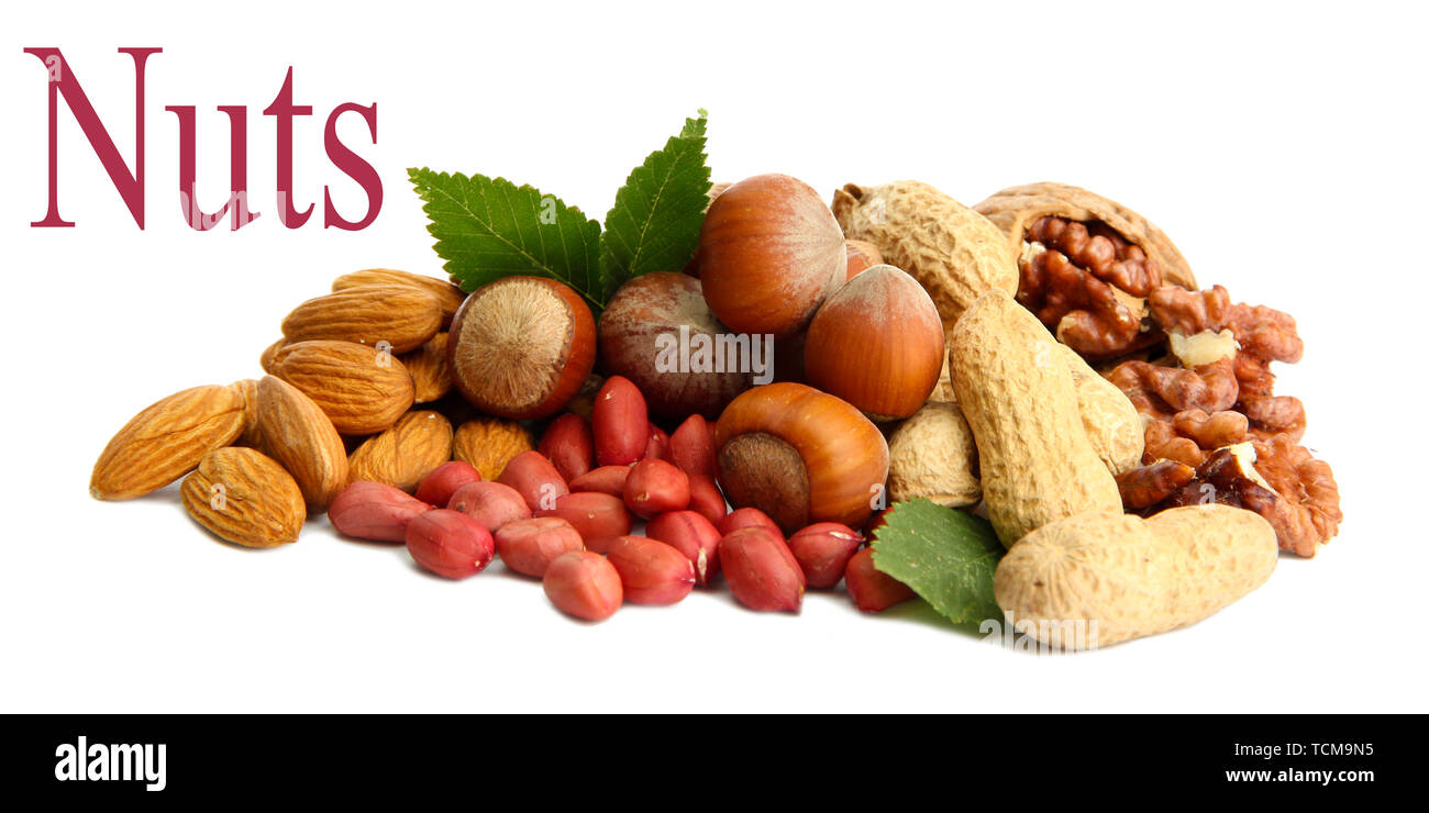 assortment of tasty nuts with leaves, isolated on white Stock Photo - Alamy
