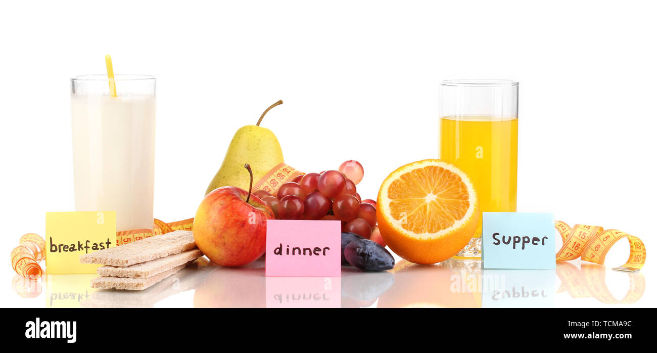 Dietary foods for breakfast, dinner and supper isolated on white Stock ...