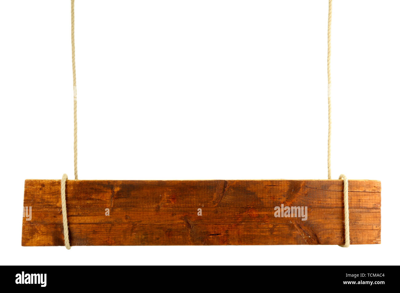 blank wooden sign hanging on rope, isolated on white Stock Photo - Alamy