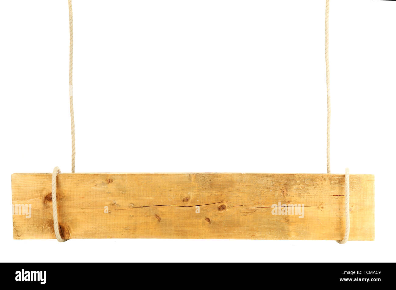blank wooden sign hanging on rope, isolated on white Stock Photo - Alamy