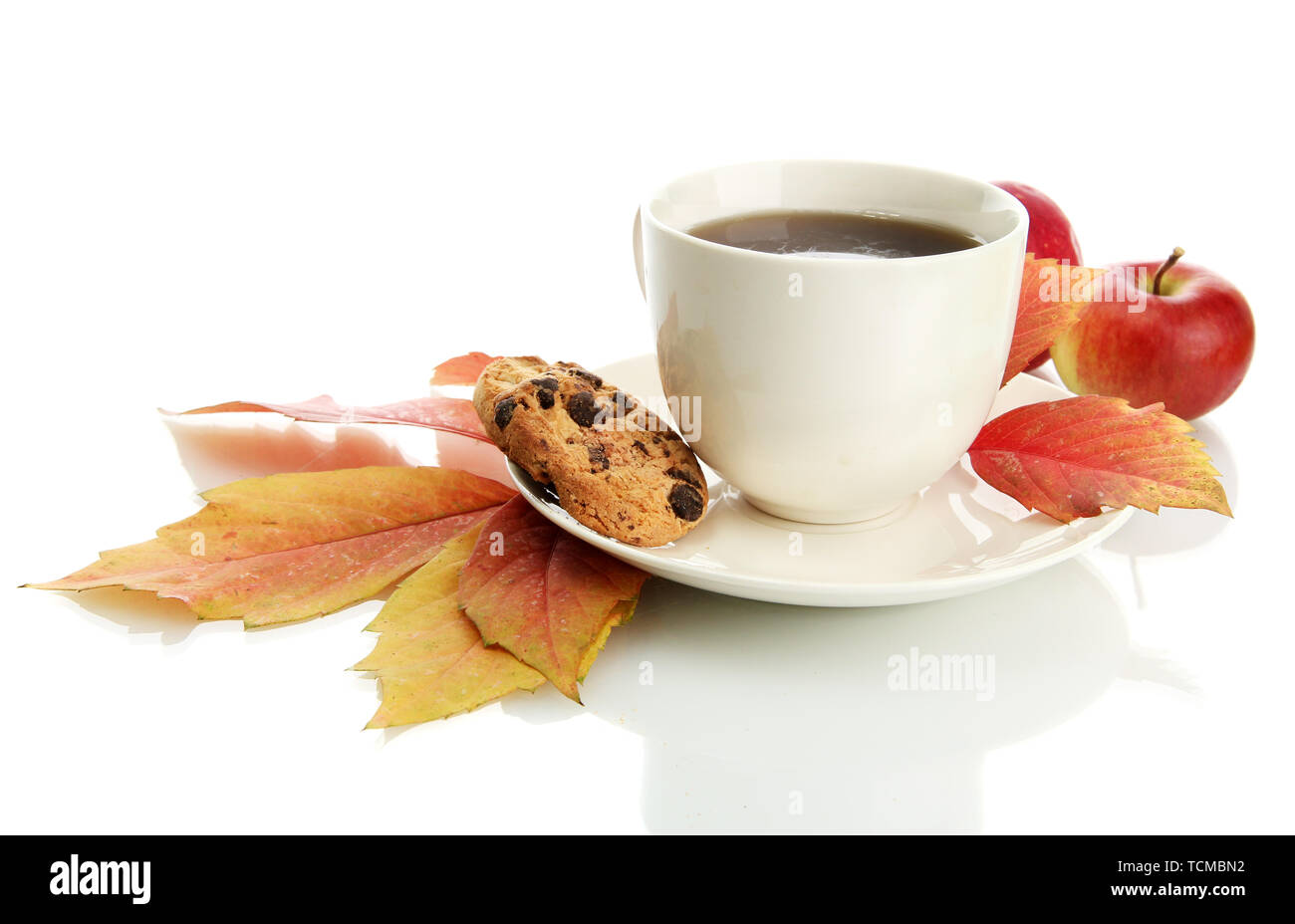 cup of hot tea and autumn leaves, isolated on white Stock Photo - Alamy