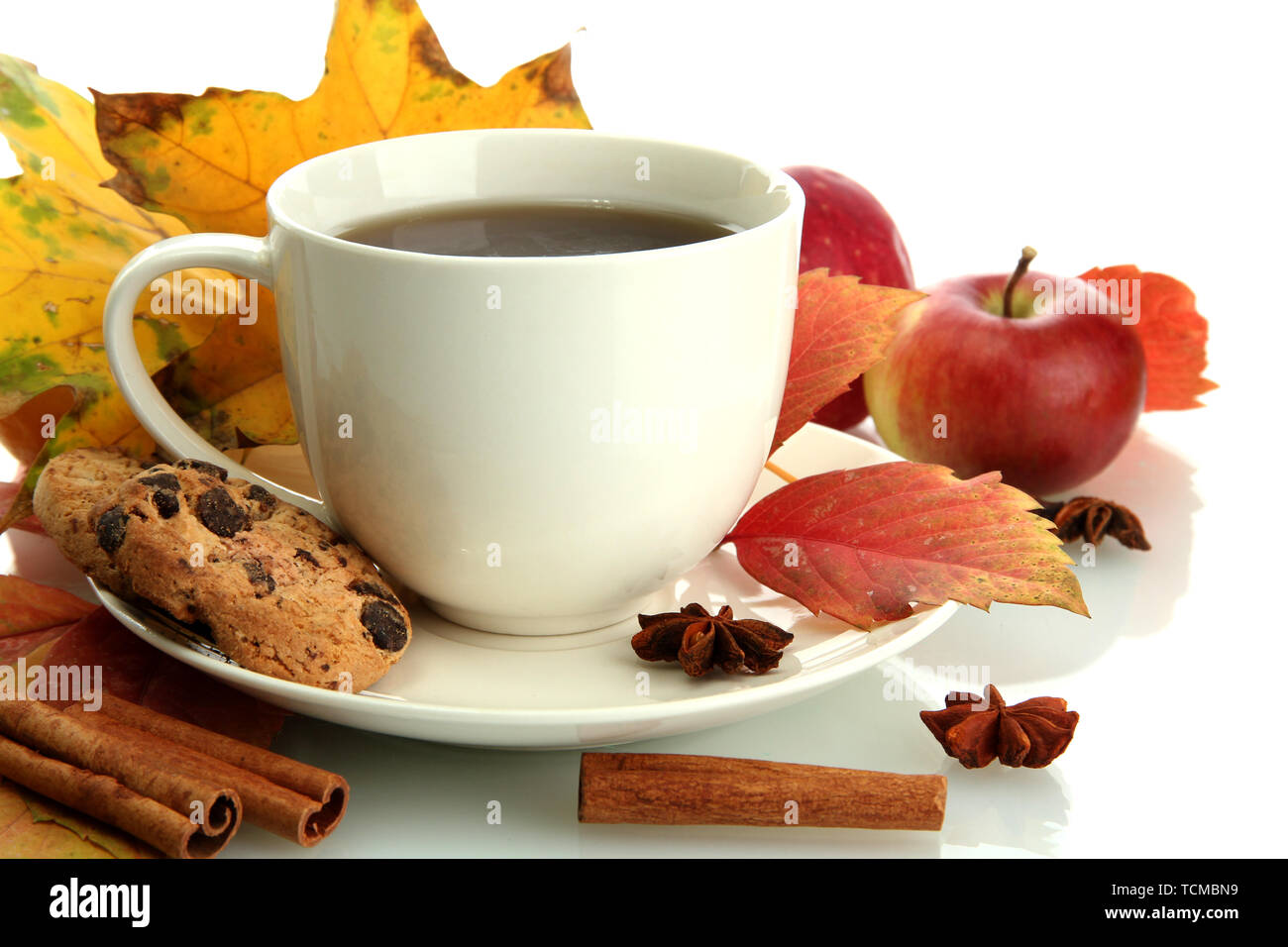 cup of hot tea and autumn leaves, isolated on white Stock Photo - Alamy
